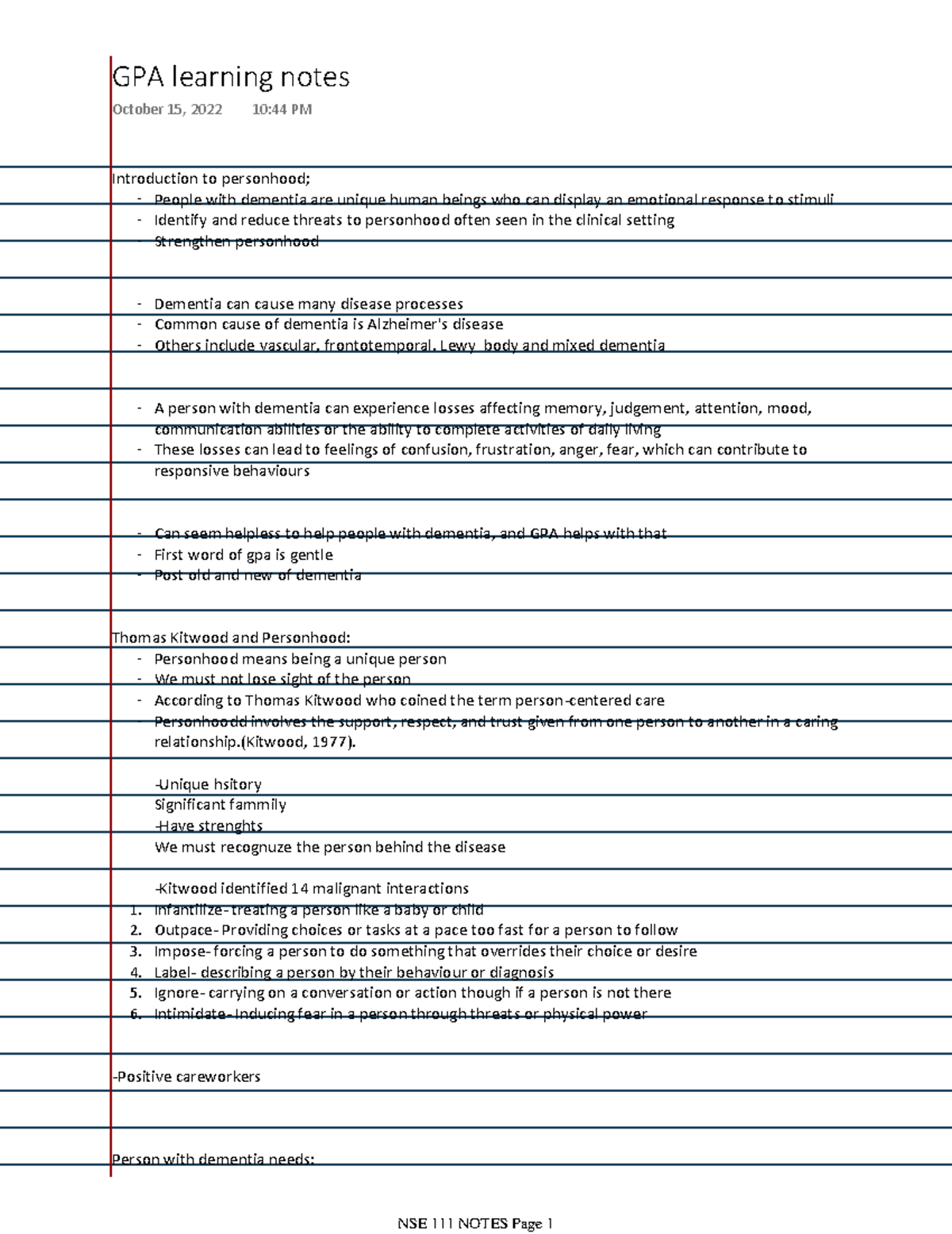 GPA learning notes - NSE111 - Introduction to personhood; - People with ...