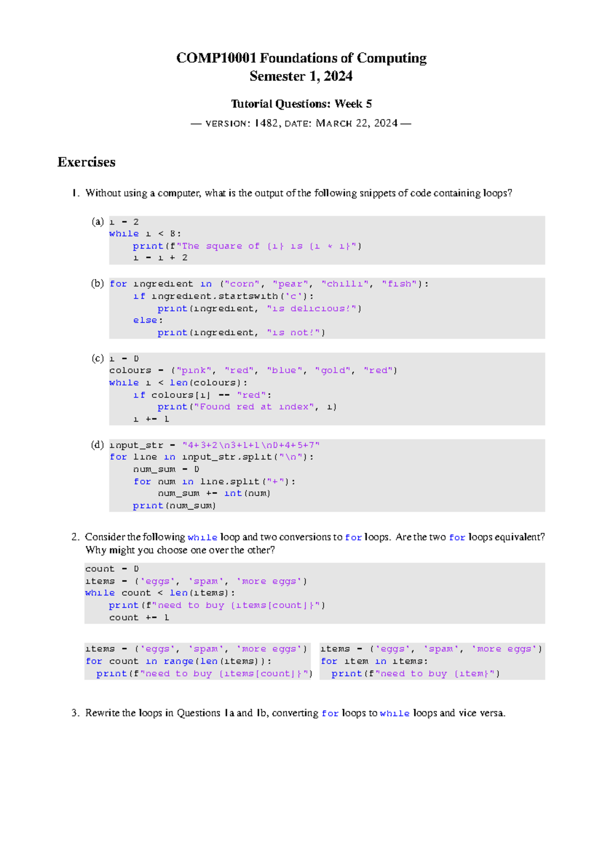 Tutesheet Week5 Comp10001 Foundations Of Computing Semester 1 2024 Tutorial Questions Week 5