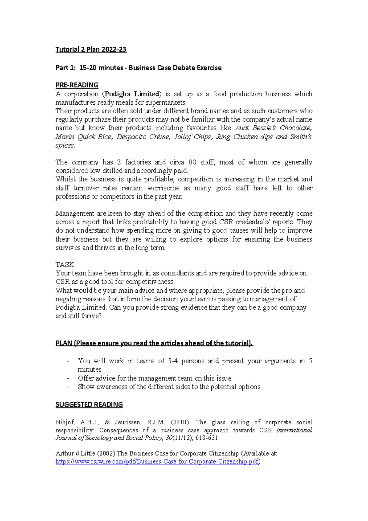 MGT357 2022-23, Tutorial 2 Plan - Students - Tutorial 2 Plan 2022- Part ...
