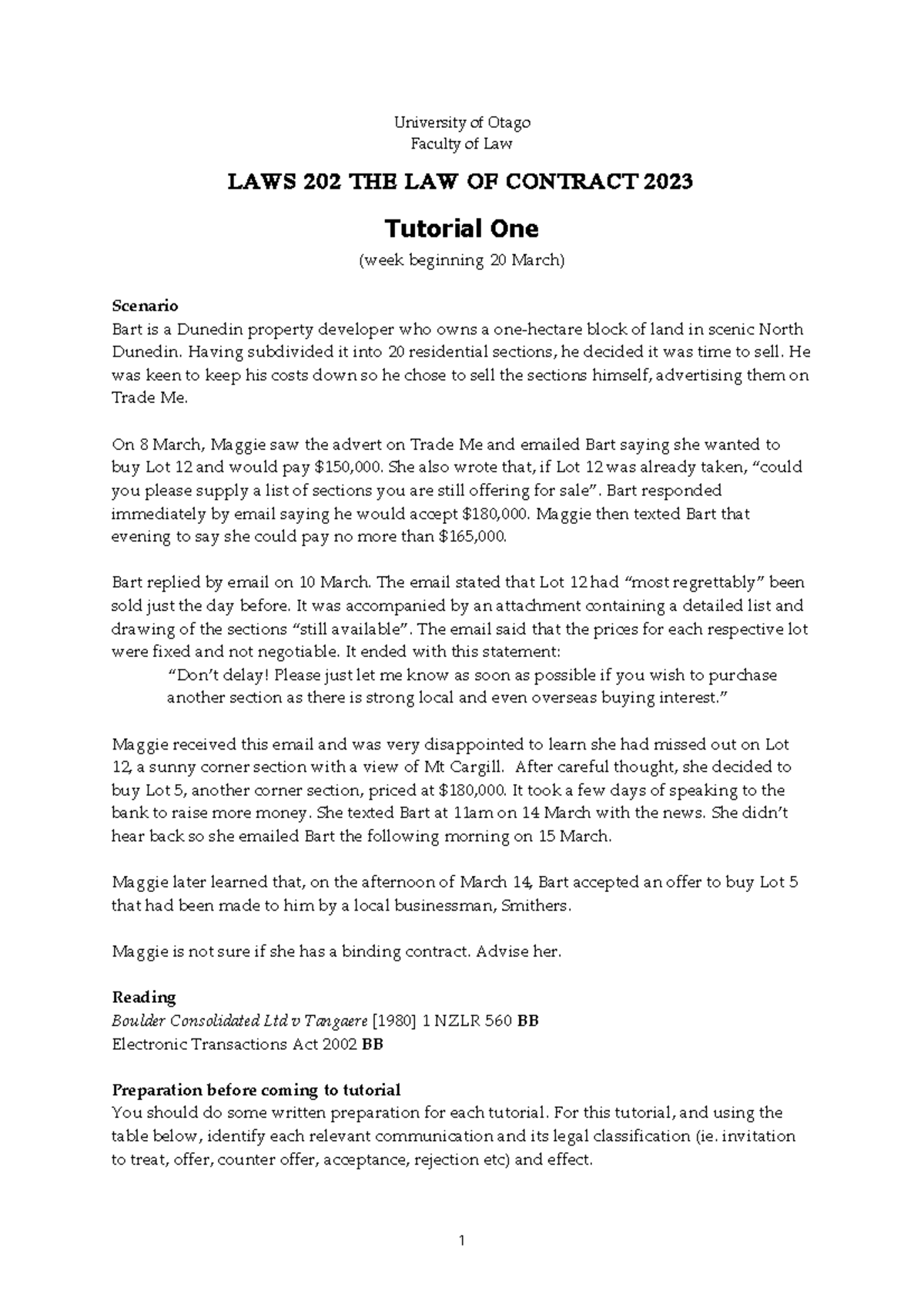 Contract tutorial 1 2023 - 1 University of Otago Faculty of Law LAWS 202 THE LAW OF CONTRACT ...