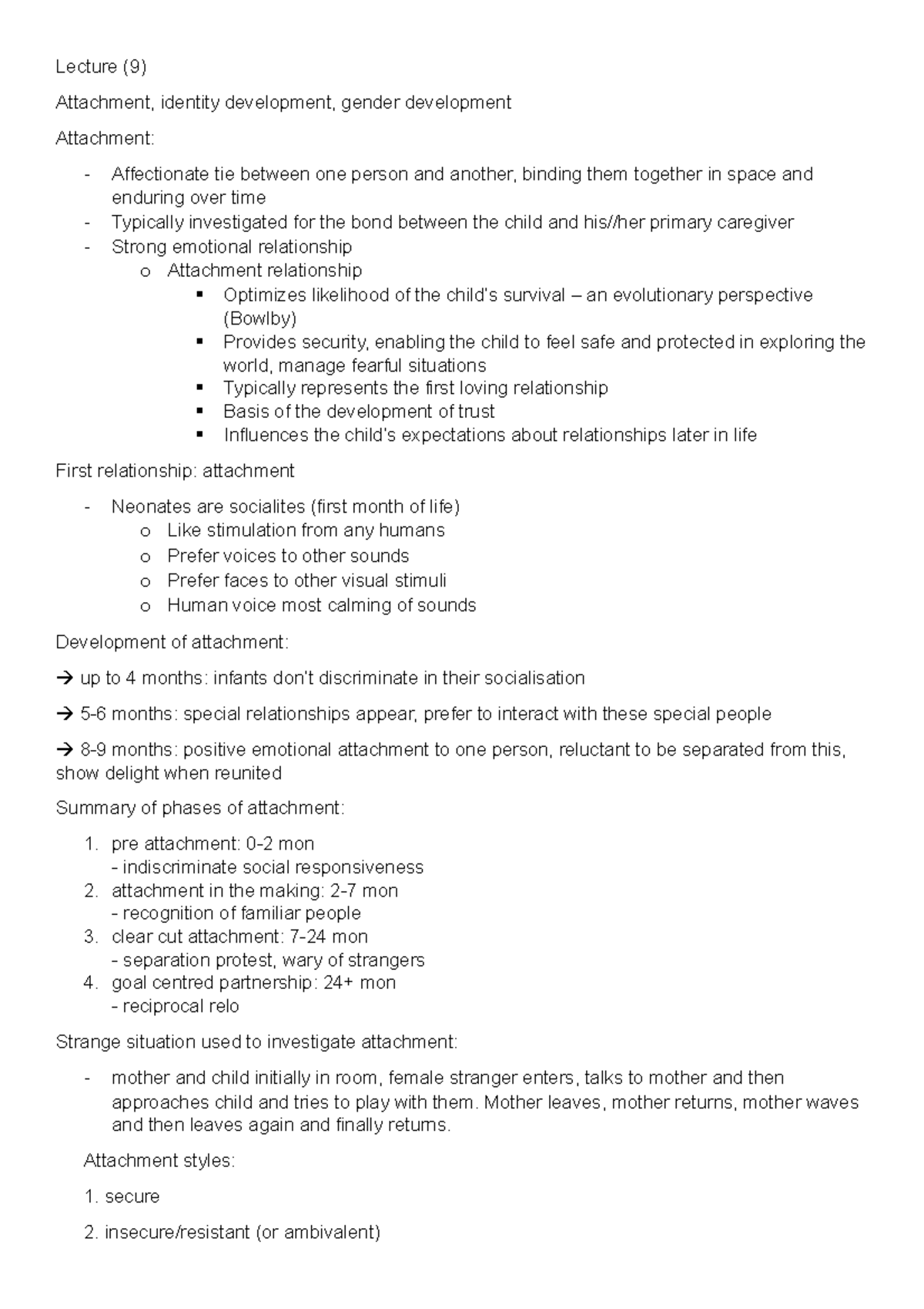Lifespan Development Notes Lectures 9 12 Lecture 9 Attachment Identity Development Gender