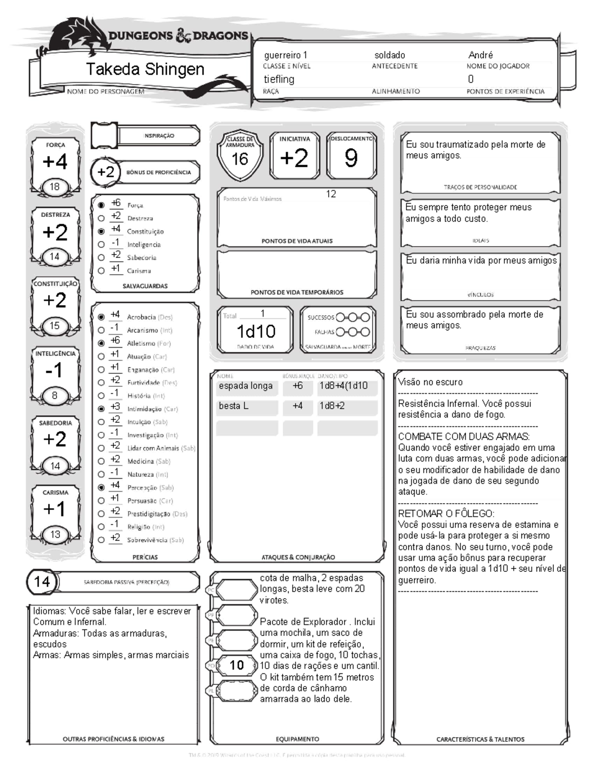 Ficha Oficial D&D 5E Takeda - Takeda Shingen Eu sou traumatizado pela morte de meus amigos. Eu ...