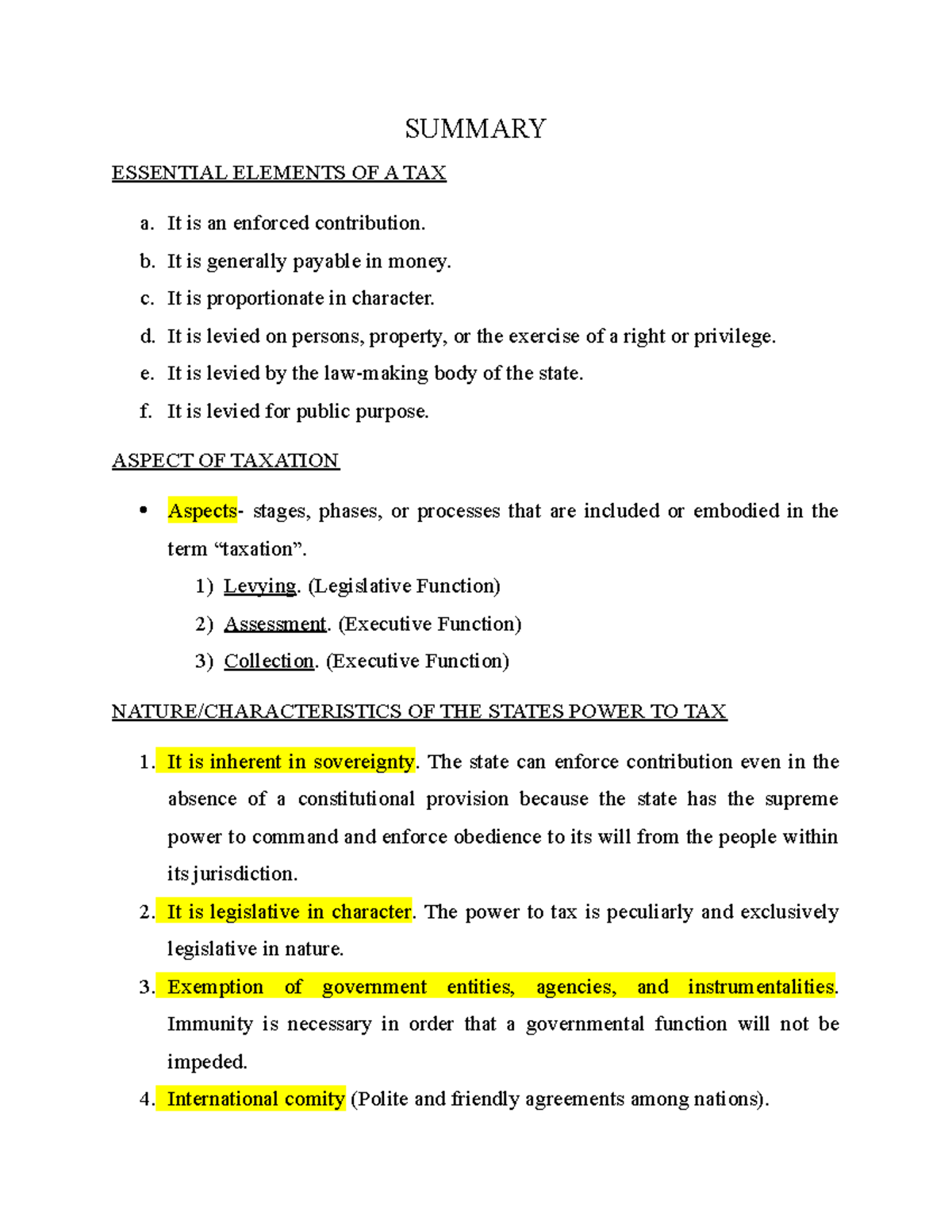 Taxation Summary - Taxes are enforced contributions. - SUMMARY ...