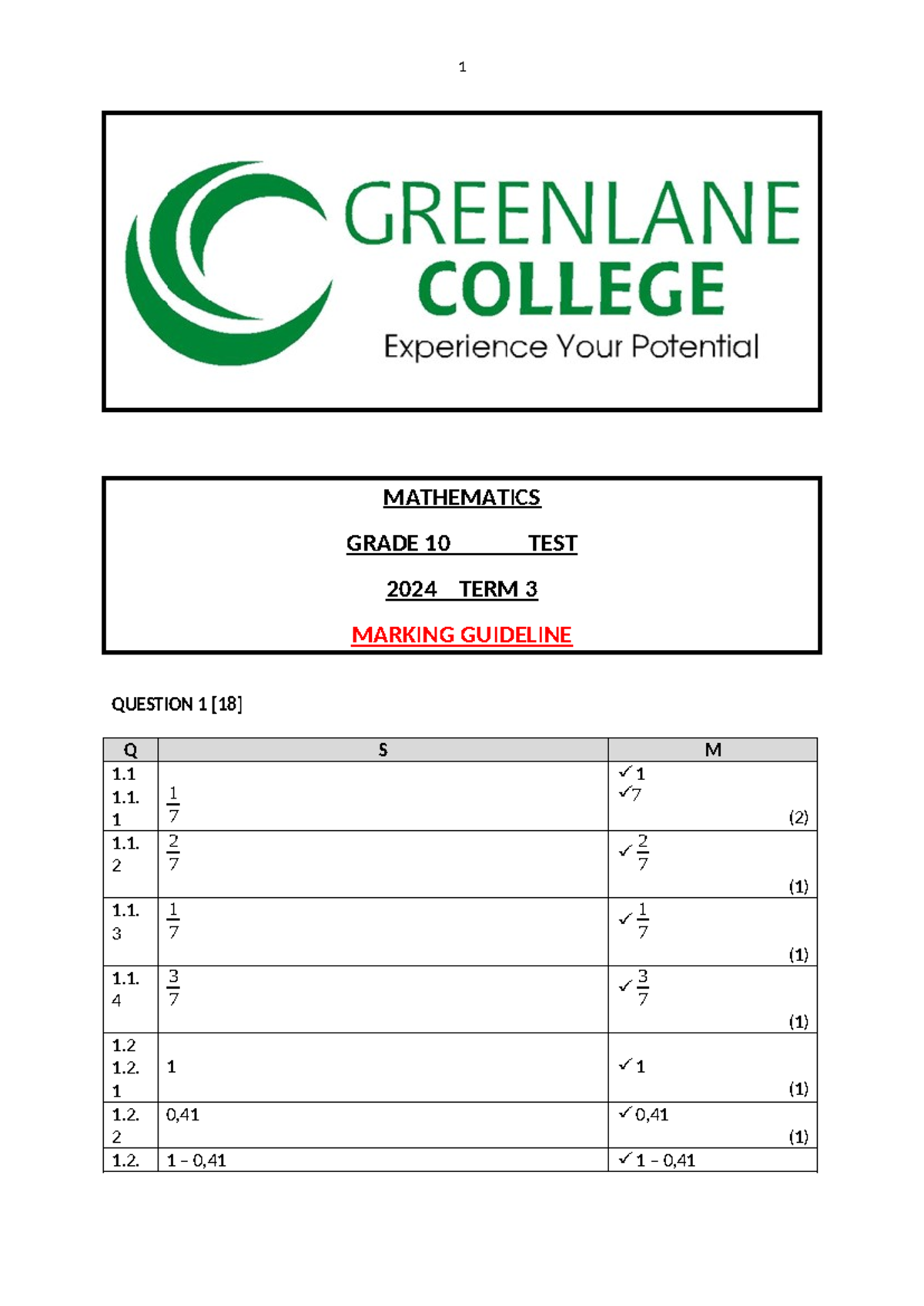 Grade 10 TERM 3 TEST 2 2024 Memo - MATHEMATICS GRADE 10 TEST 2024 TERM ...