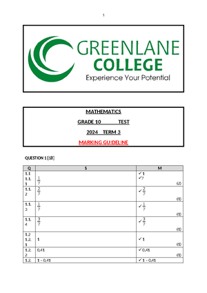 Grade 9 Maths TERM 3 TEST - TERM 3 SCHOOL: GREENLANE COLLEGE SUBJECT ...