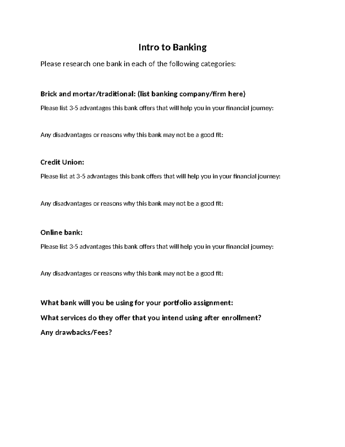 Intro to Banking - Worksheet - Intro to Banking Please research one ...