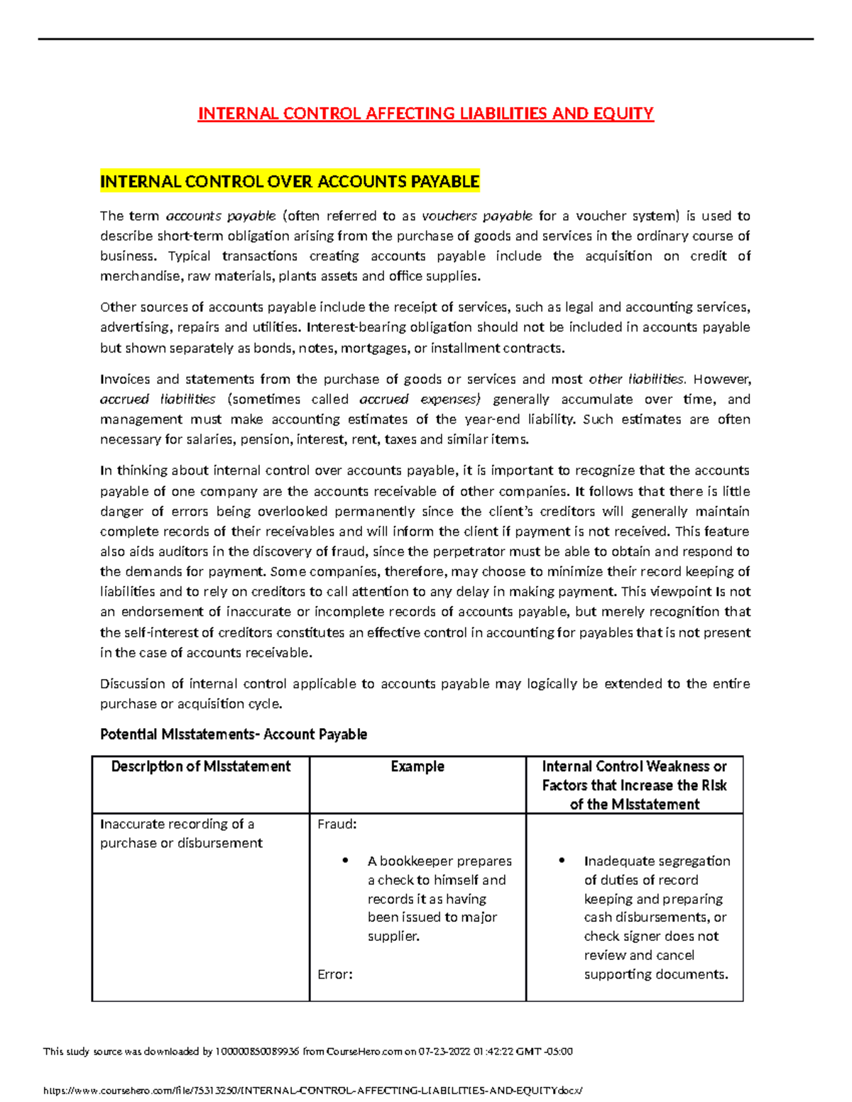 Internal Control Affecting Liabilities AND Equity - INTERNAL CONTROL AFFECTING LIABILITIES AND ...