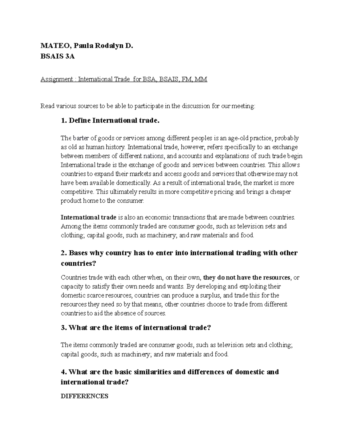 International Trade Assignment - MATEO, Paula Rodalyn D. BSAIS 3A ...