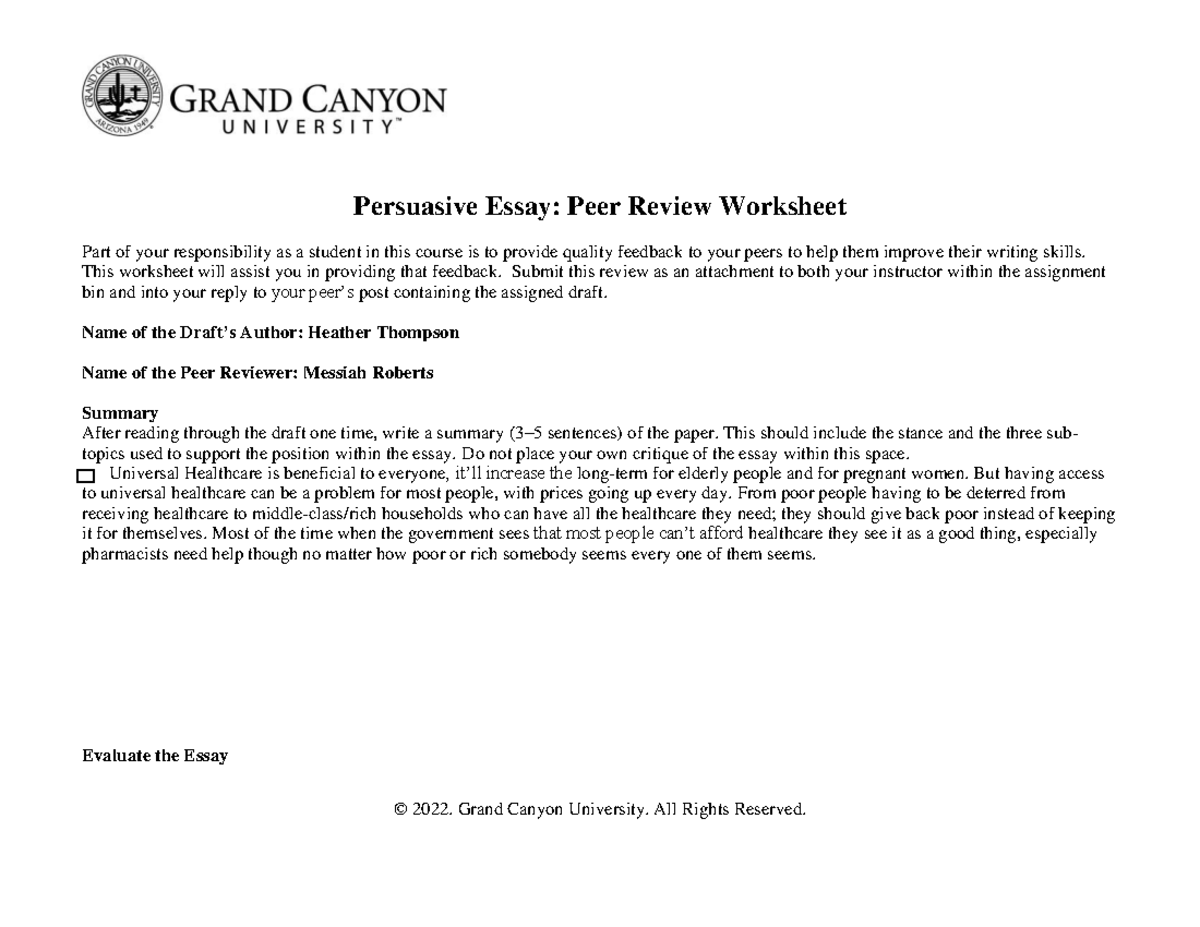T 6 Peer Review Worksheet PHI105 Persuasive Essay Peer Review 