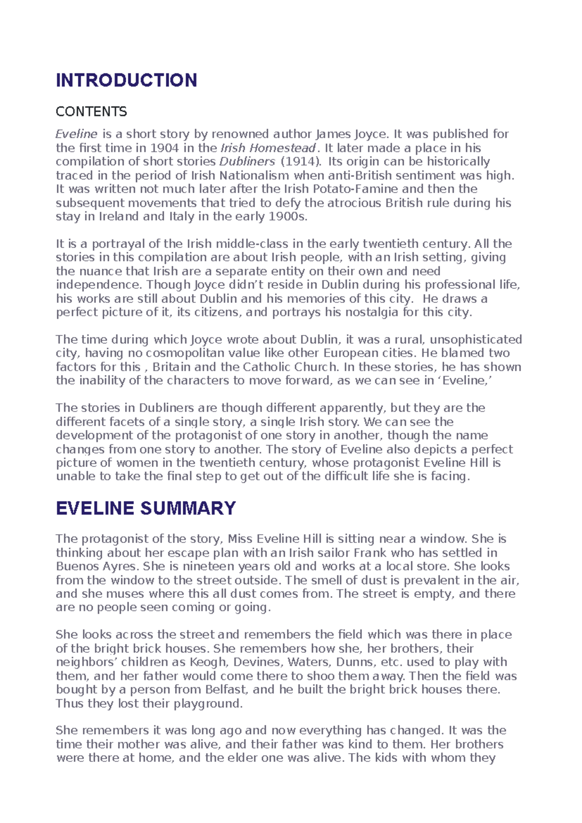 Eveline - INTRODUCTION CONTENTS Eveline is a short story by renowned ...