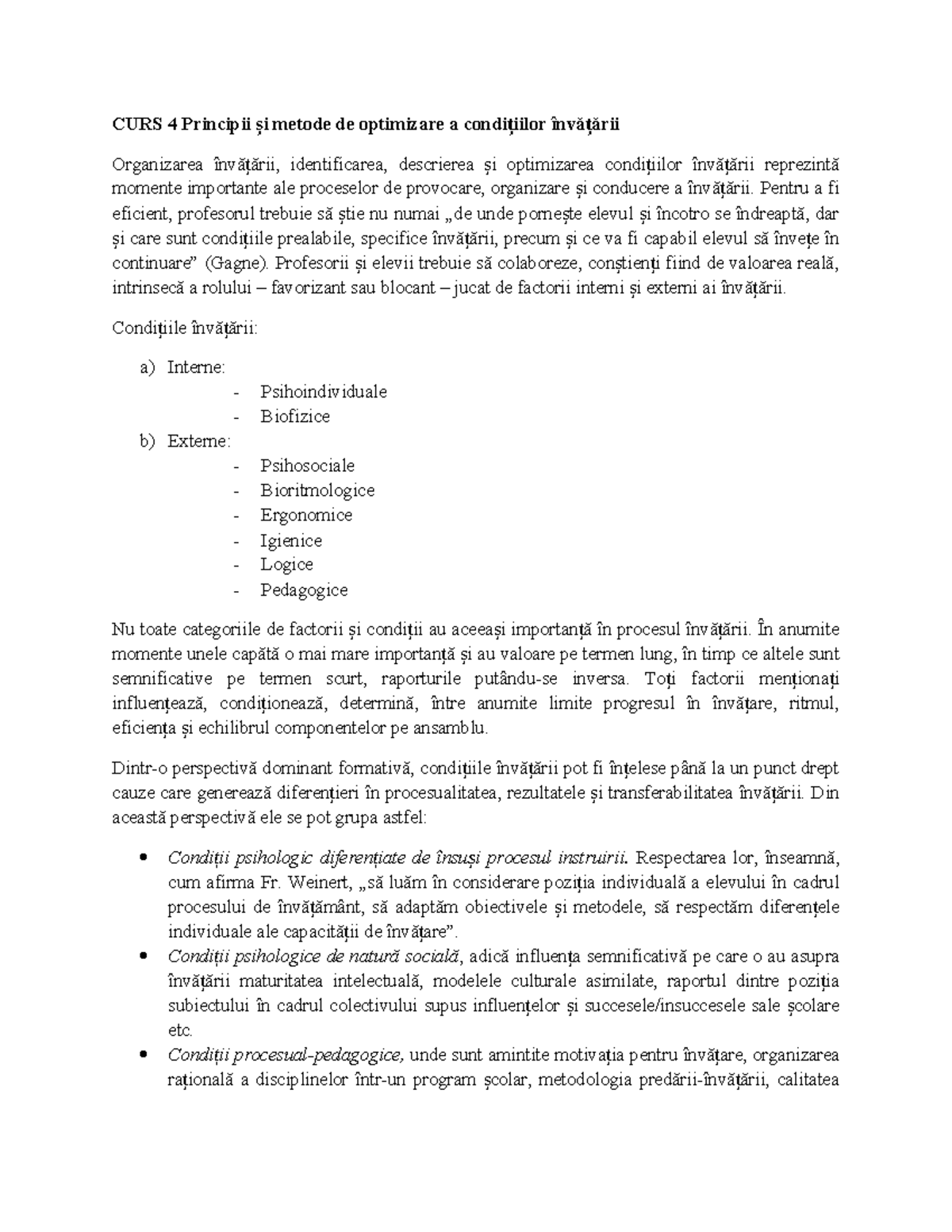 C4 Condițiile învățării - CURS 4 Principii și metode de optimizare a condi iilor învă ării ț ț ...