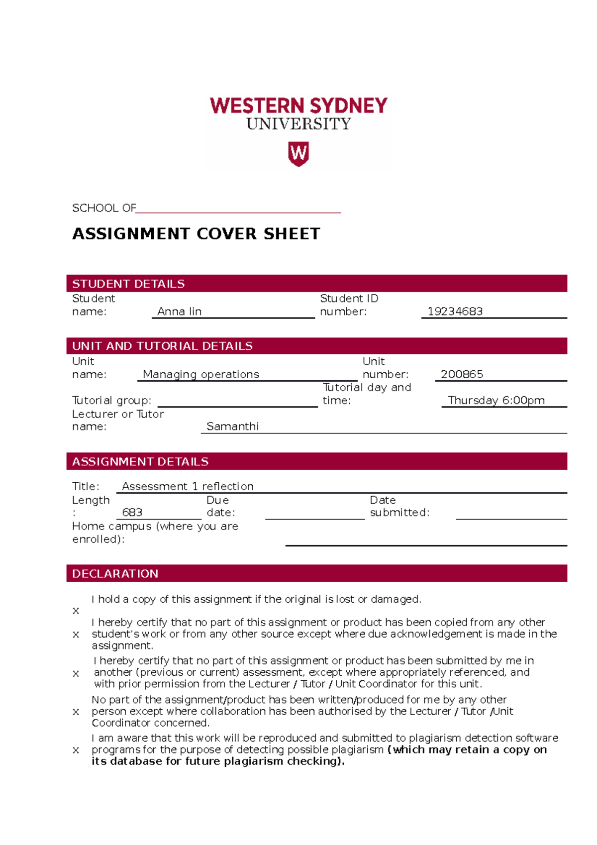 Simulation Reflective Report_ Balancing Process Capacity - SCHOOL OF ASSIGNMENT COVER SHEET ...