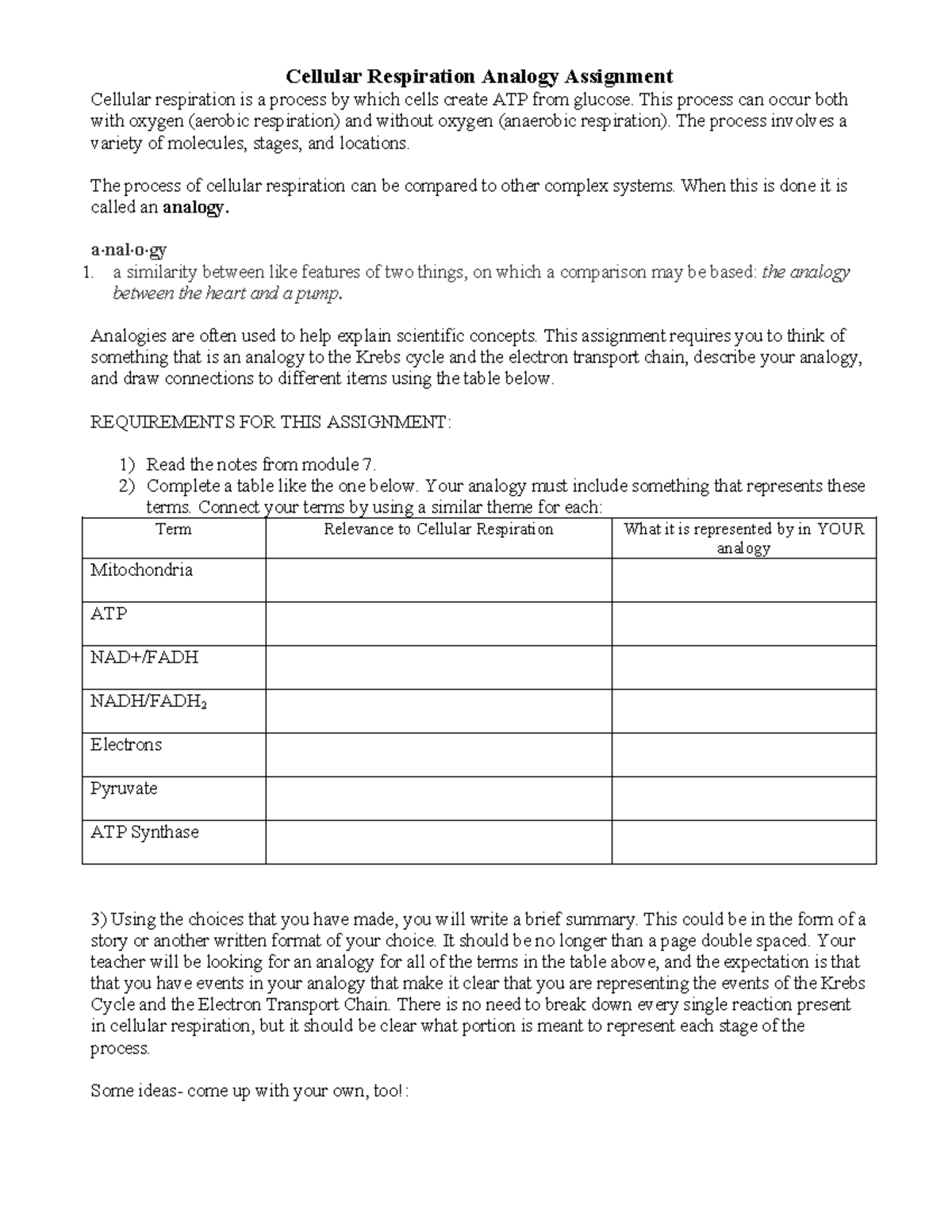 SBI4U1 Cellular Respiration Analogy Assignment e Learning Krebs and ETC ...