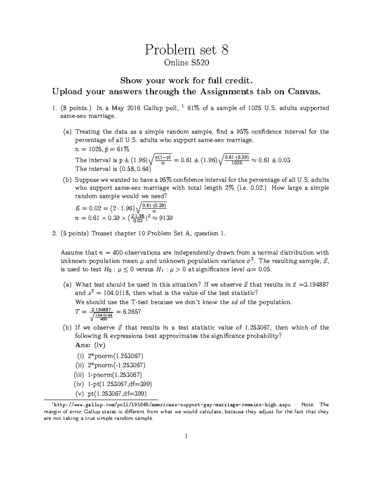 S520 PS8 - S520 - Problem set 8 Online S Show your work for full credit. Upload your answers ...