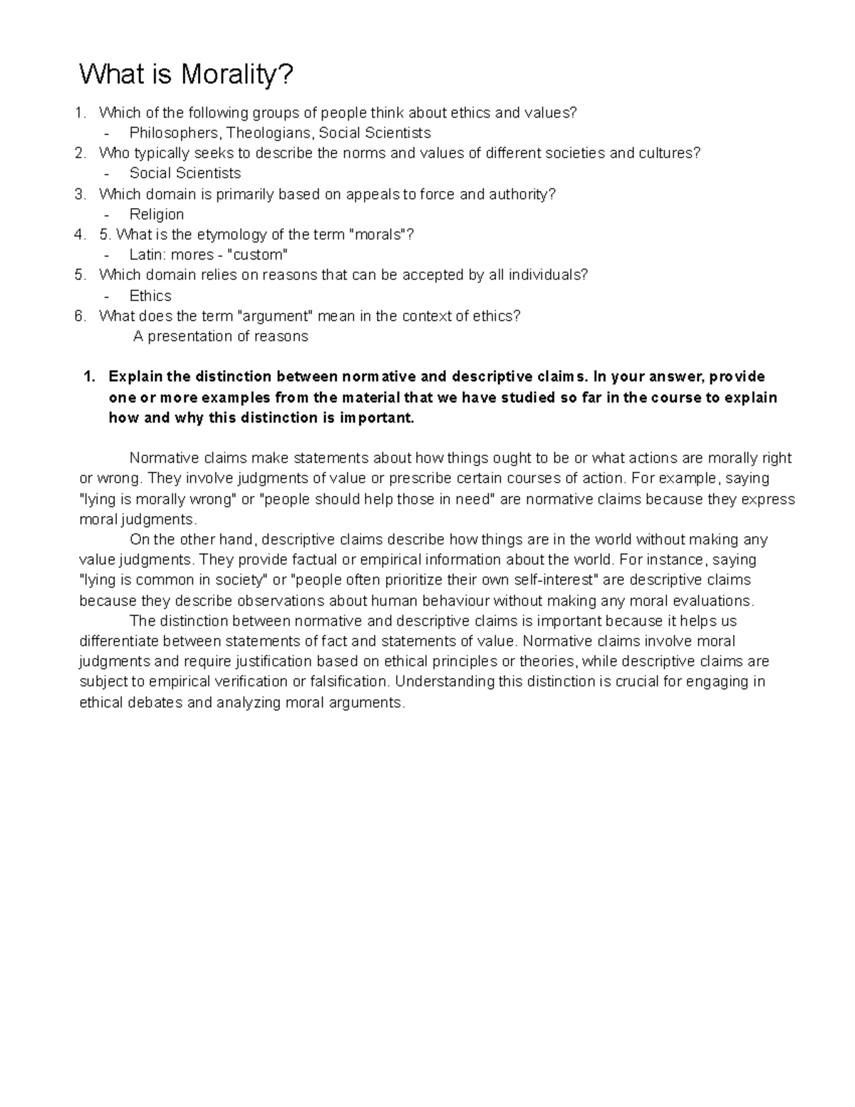 Phil133-midterm - questions and answers - What is Morality? Which of ...