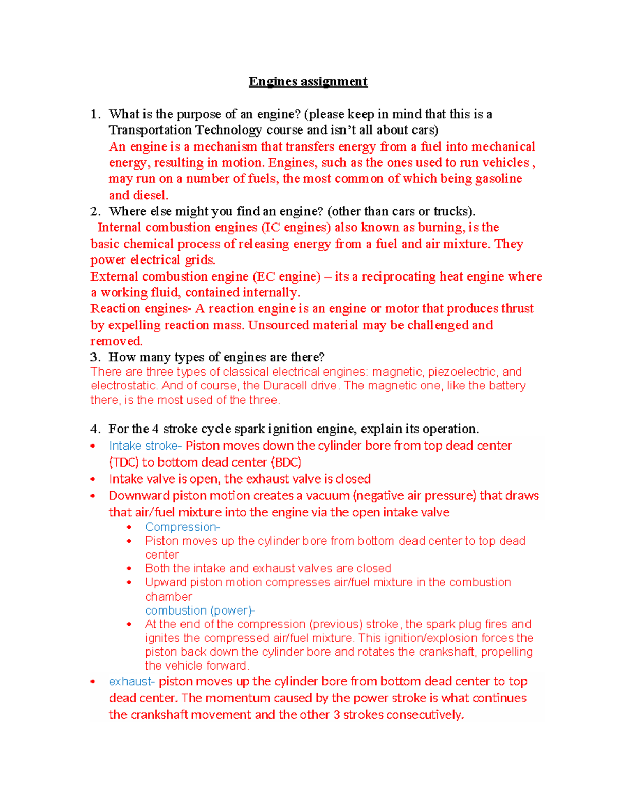 Engines assignment - What is the purpose of an engine? (please keep in ...