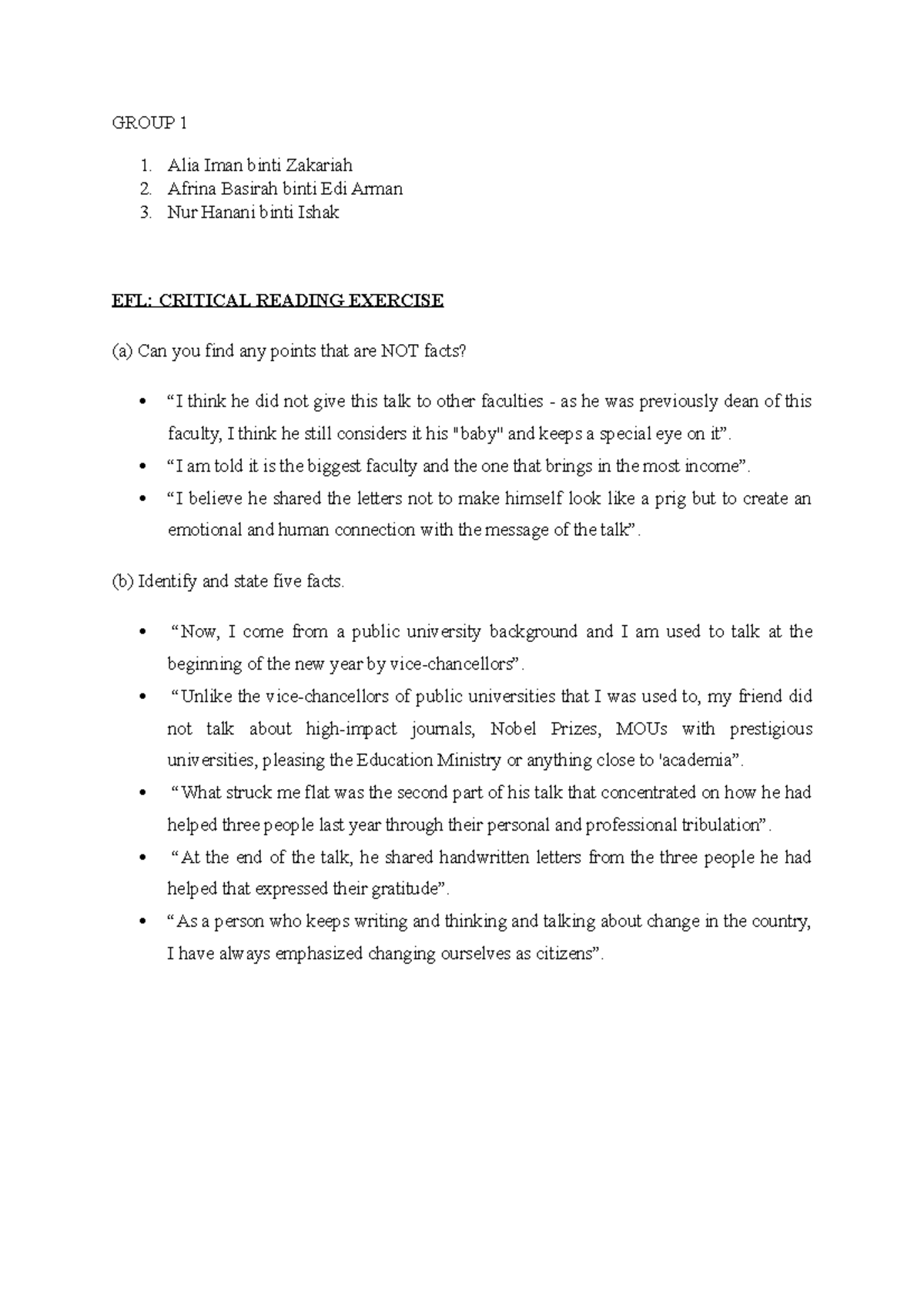 Critical Reading Exercise - GROUP 1 Alia Iman binti Zakariah Afrina ...