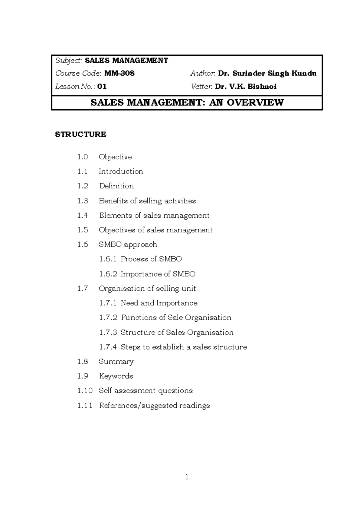 Sales Management AN Overview Structure - Subject: SALES MANAGEMENT ...