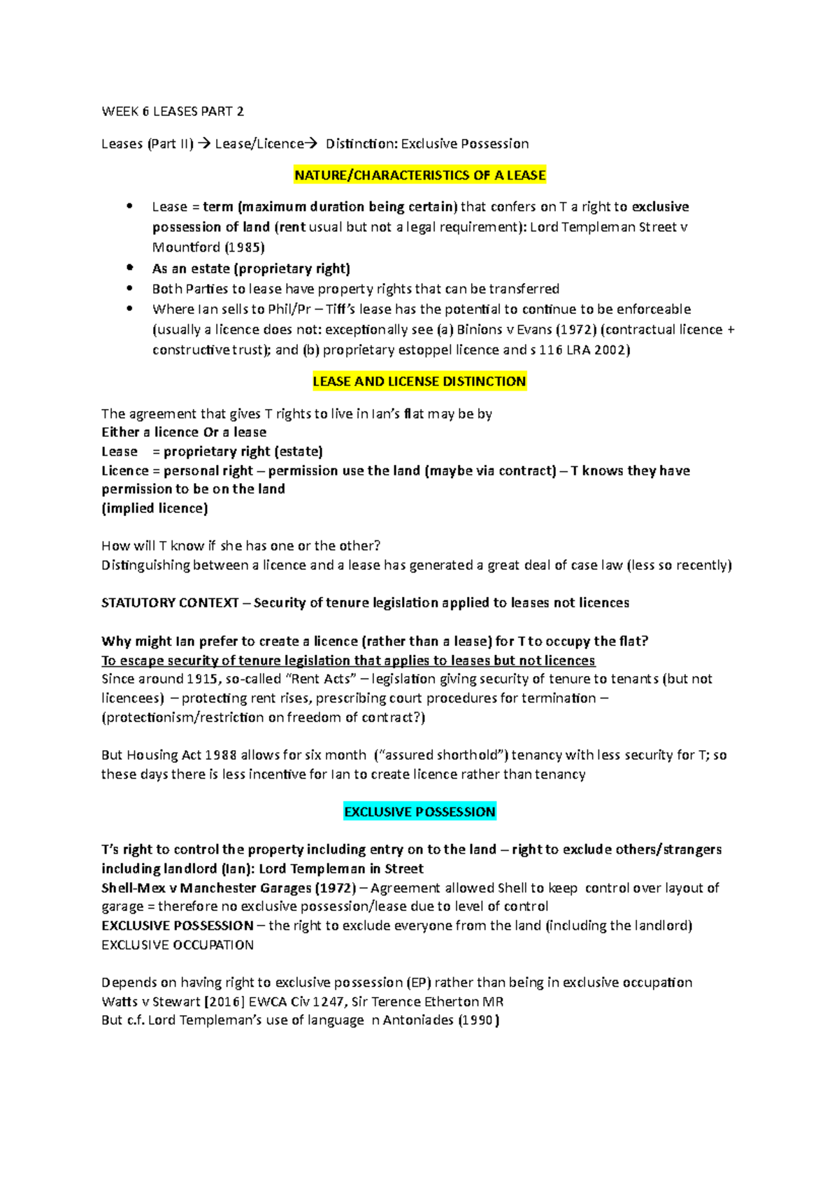 WEEK 6 Leases PART 2 - notes - WEEK 6 LEASES PART 2 Leases (Part II ...