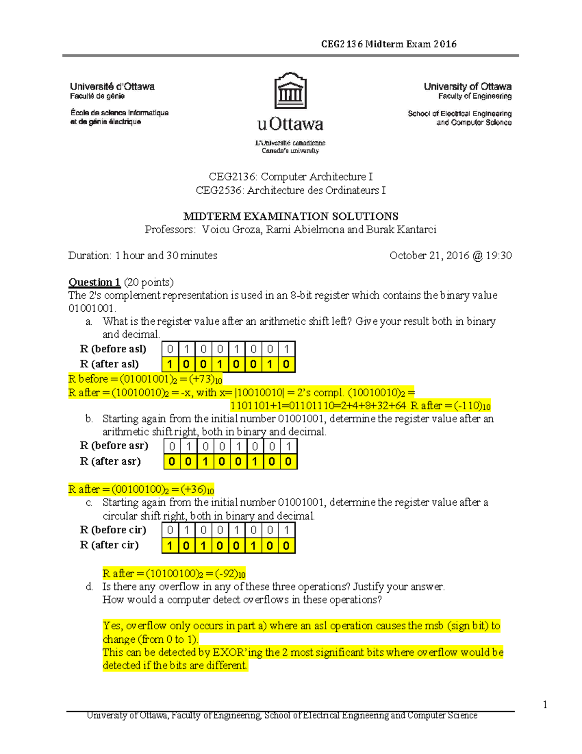 Midterm 2016, questions and answers - CEG2136 Midterm Exam 2016 CEG2136 ...