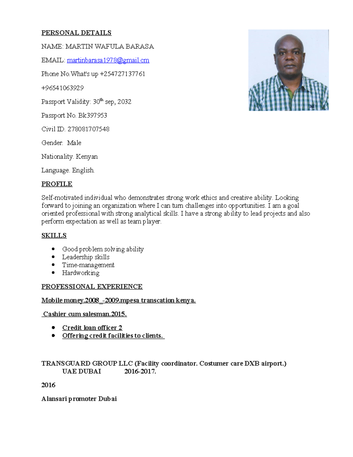 Wafula cv - Yes sir how do you - PERSONAL DETAILS NAME: MARTIN WAFULA ...