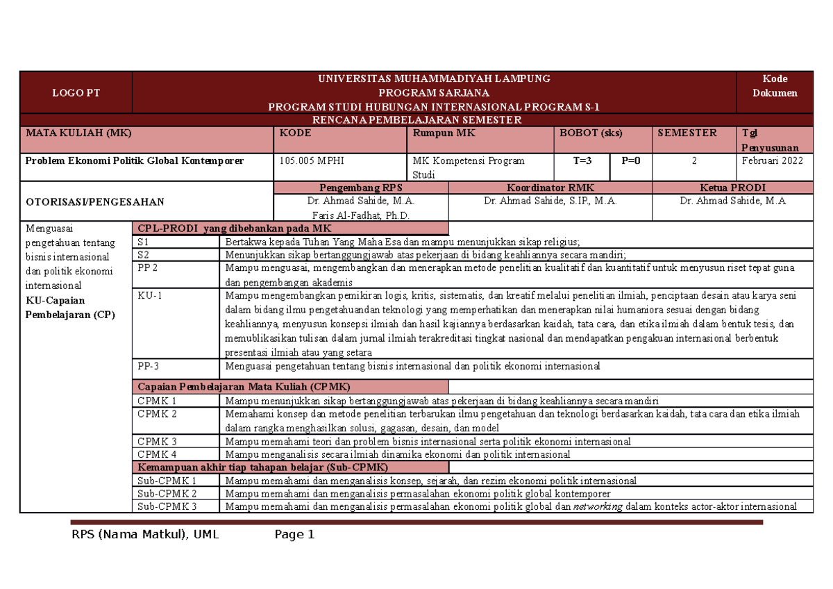 Format RPS UML (1) - LOGO PT UNIVERSITAS MUHAMMADIYAH LAMPUNG PROGRAM ...