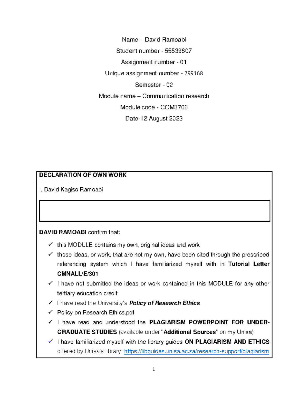 COM3706 Assignment 01 55539807 - Name – David Ramoabi Student number ...