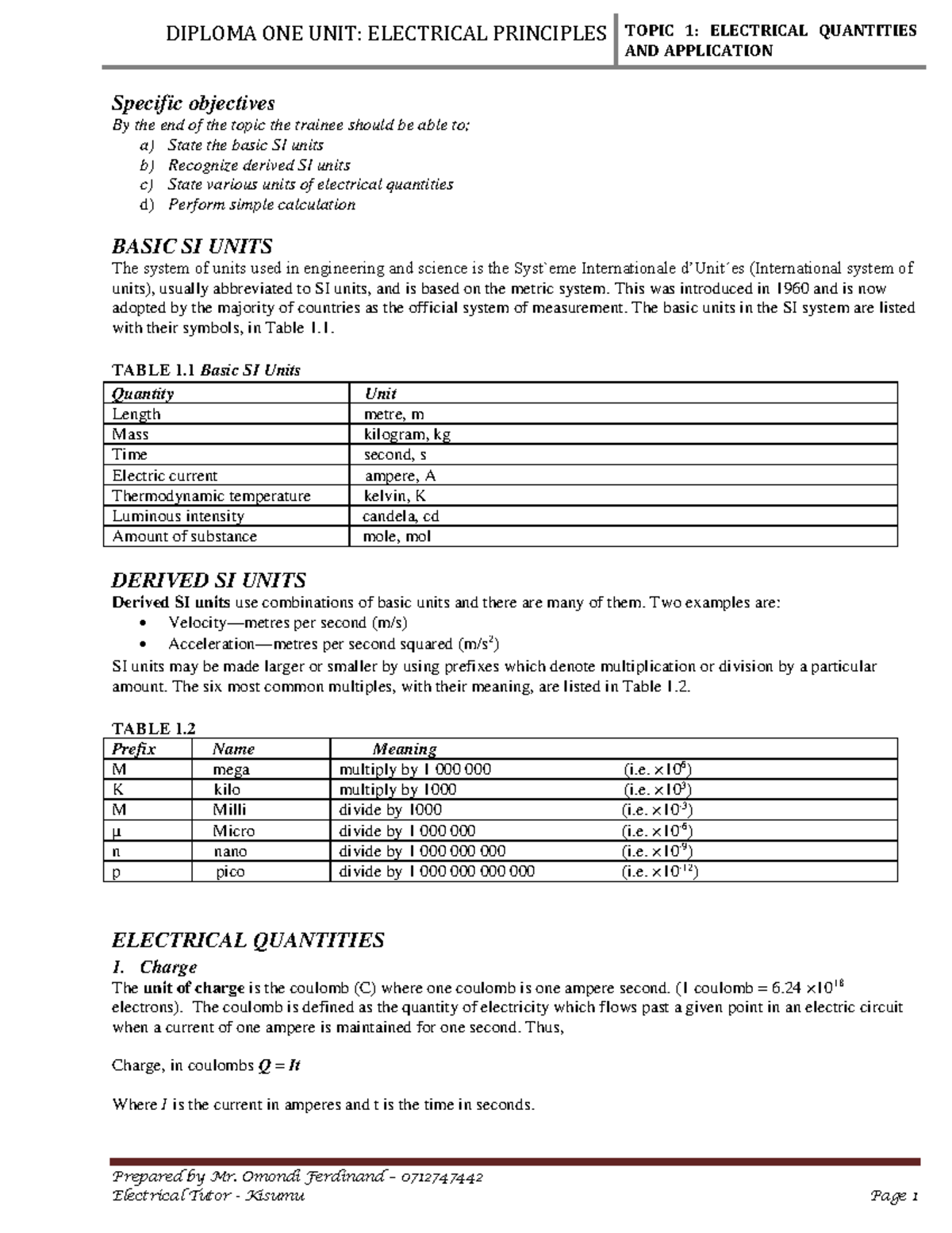 Topic 1 Electrical Quantities AND Application - AND APPLICATION Prepared by Mr. Omondi Ferdinand ...