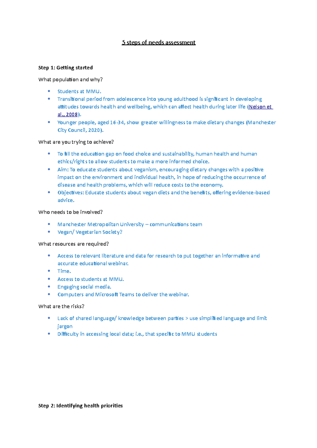 W2 - 5 step needs assessment - 5 steps of needs assessment Step 1 ...