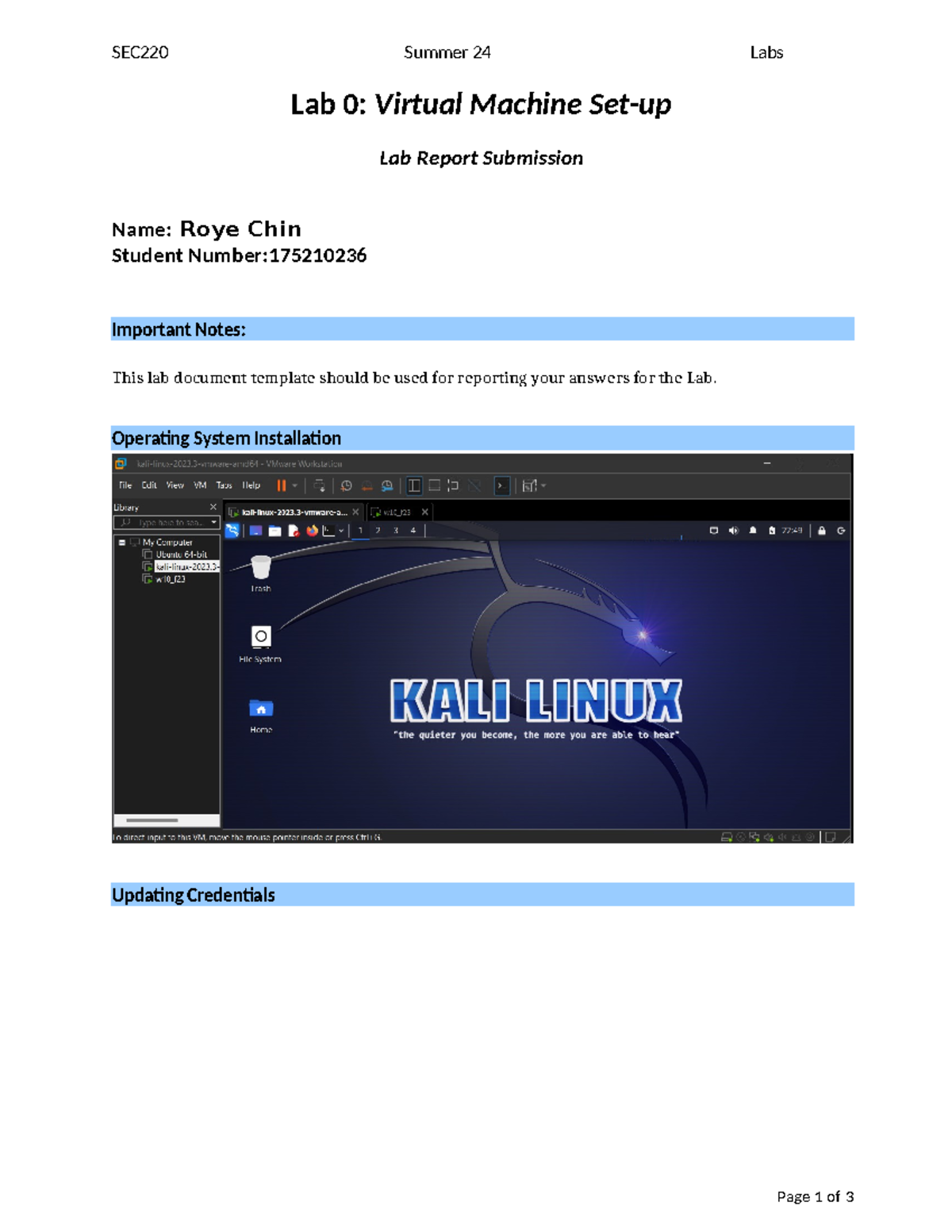 SEC220 L0 report template - SEC220 - SEC220 Summer 24 Labs Lab 0: Virtual Machine Set-up Lab ...