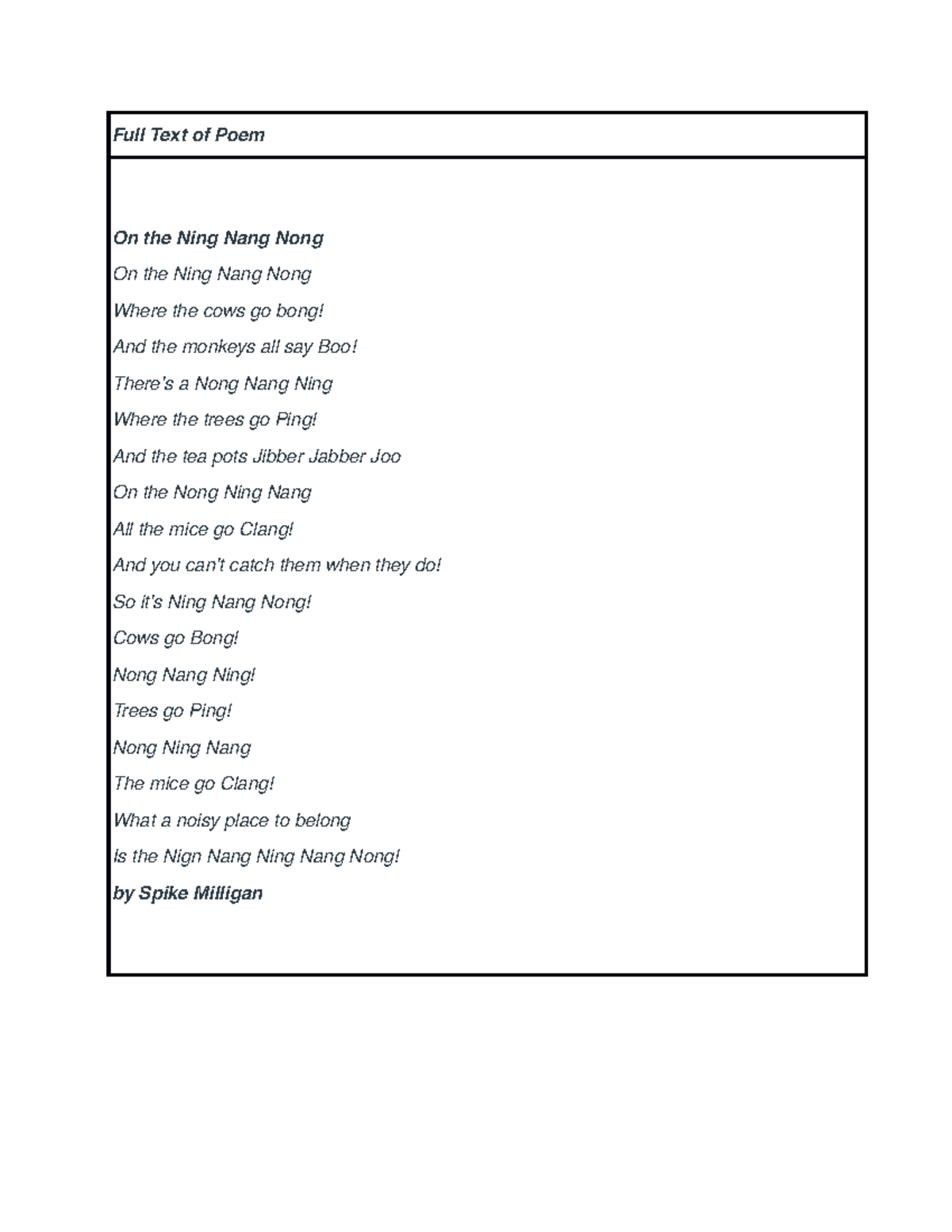 Poetry Sharing Bibliography - Full Text of Poem On the Ning Nang Nong ...