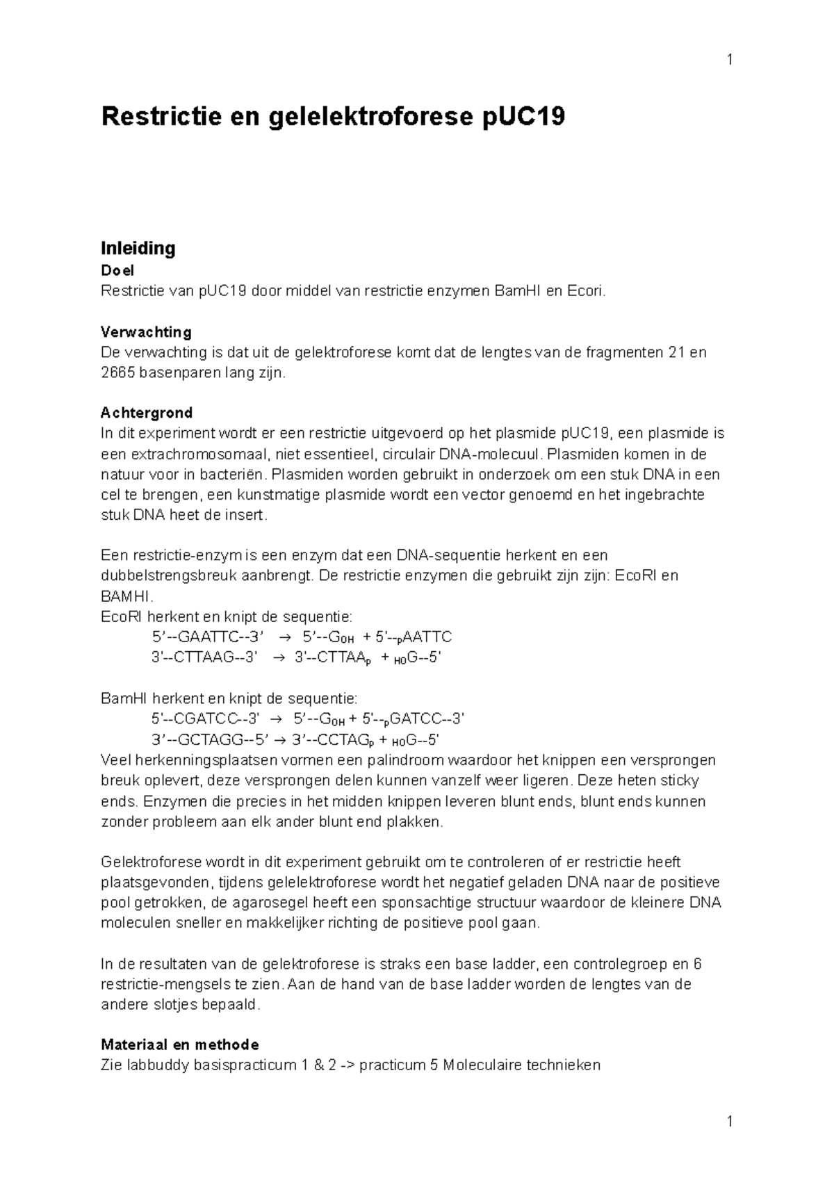 Labjournaal restrictie - Restrictie en gelelektroforese pUC Inleiding ...
