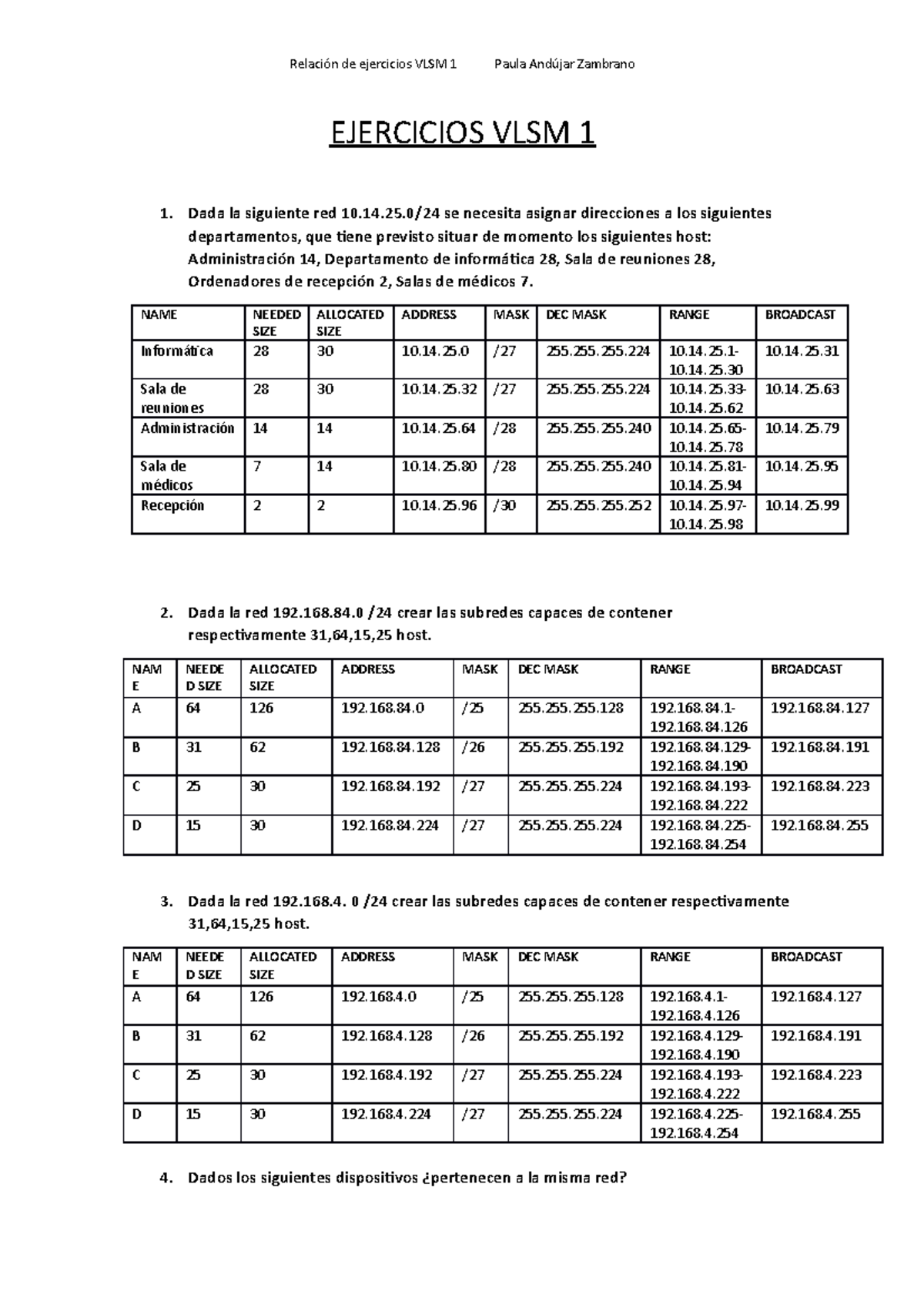 Ejercicios VLSM 1 - EJERCICIOS VLSM 1 1. Dada la siguiente red 10.14.25/24 se necesita asignar ...