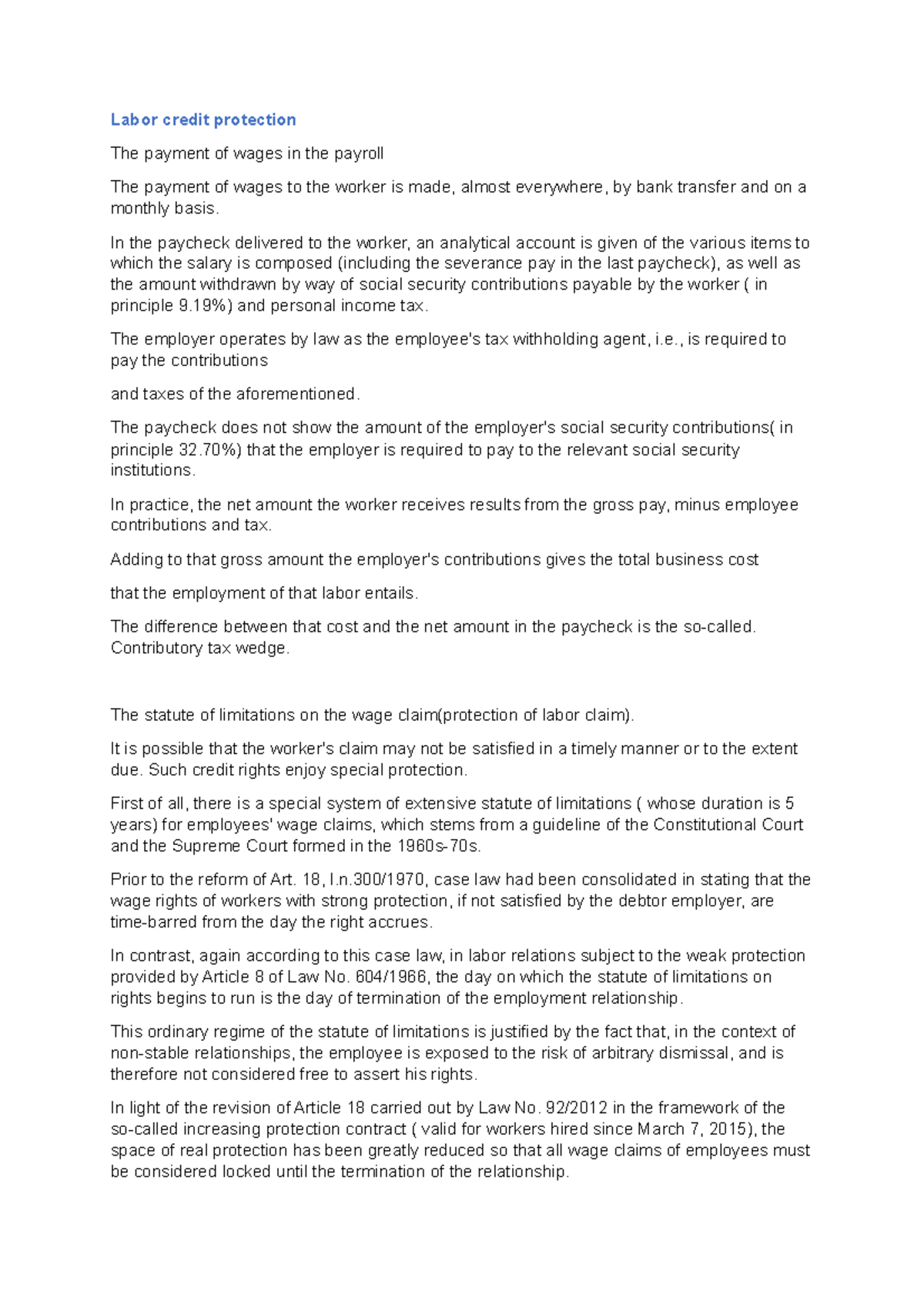 Labor credit protection 10 - Labor credit protection The payment of ...