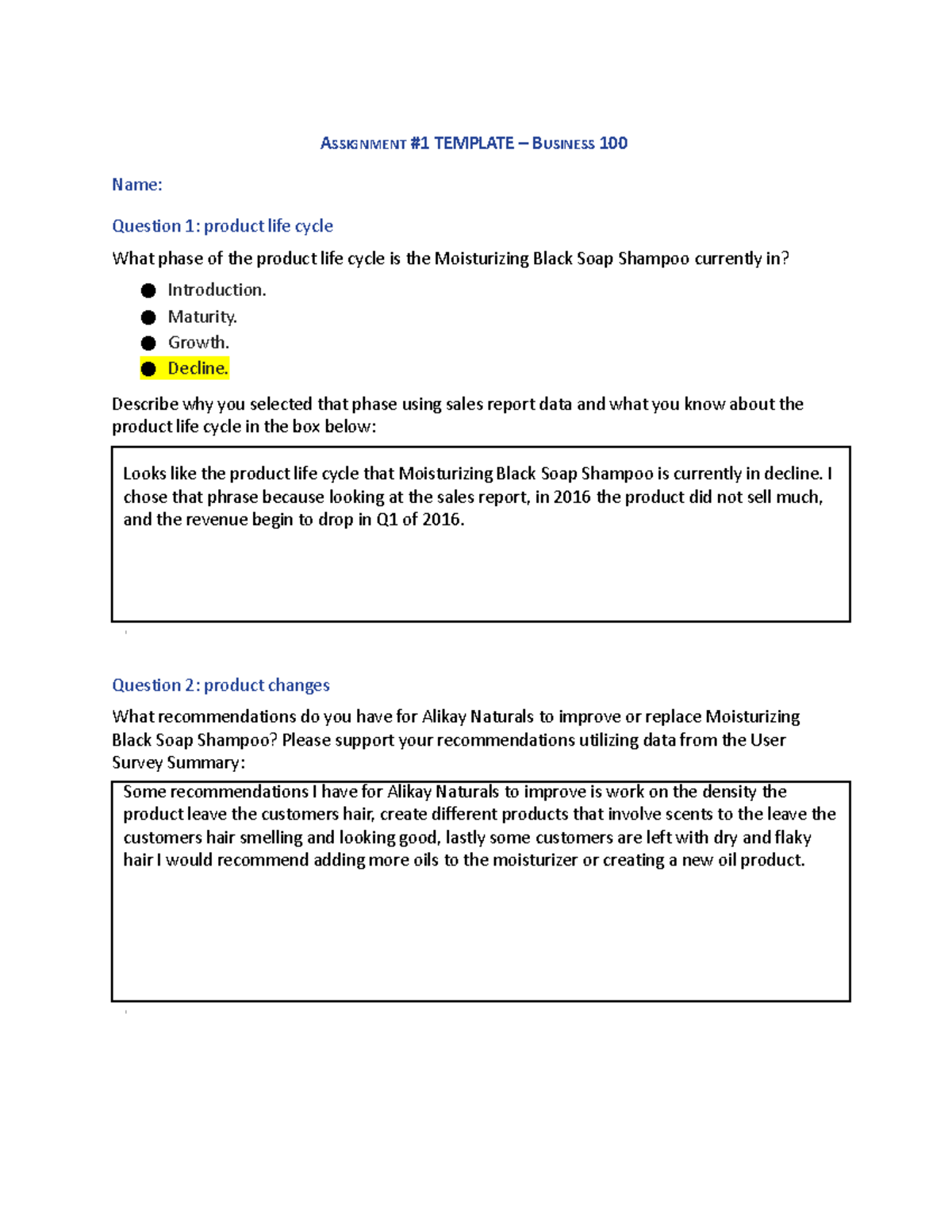 BUS100 ASSIGHNMENT - ASSIGNMENT #1 TEMPLATE – BUSINESS 100 Name ...