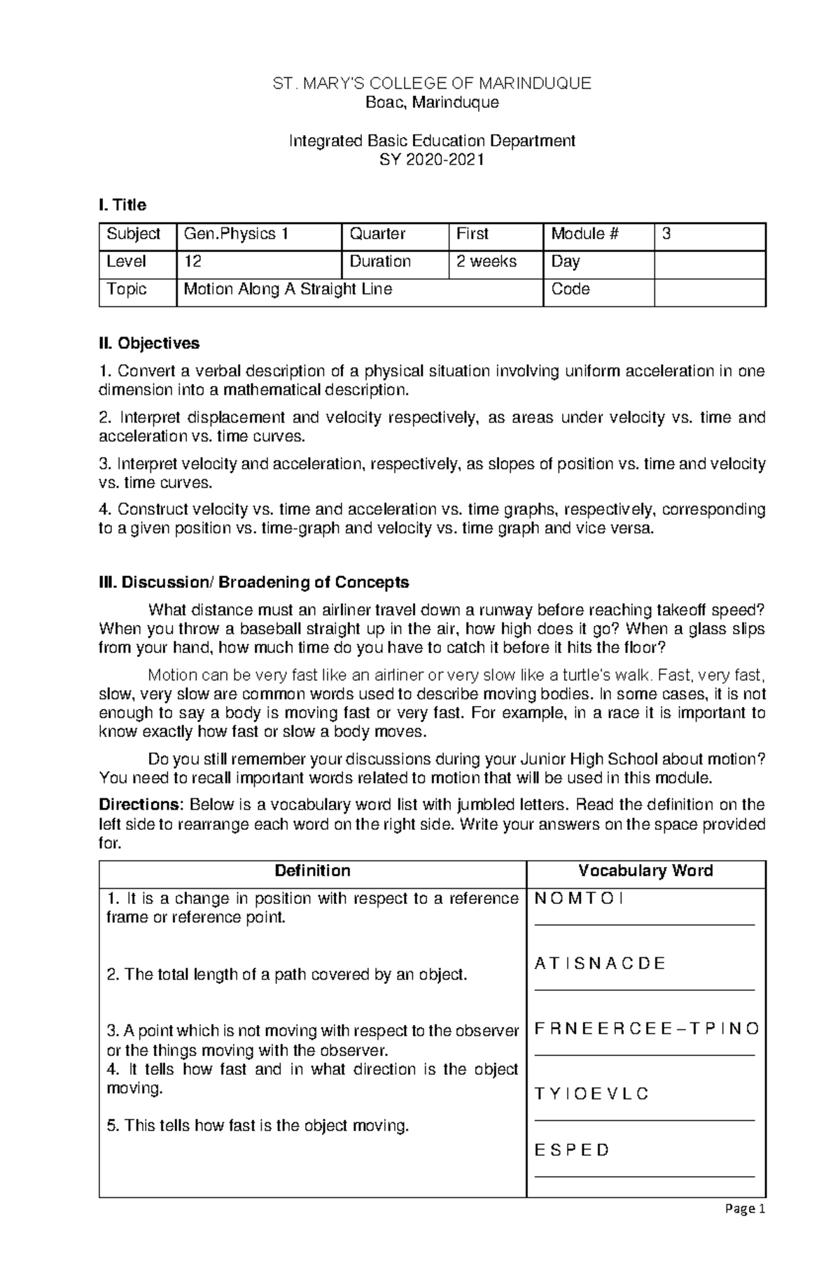 Lesson-3 - Chemistry-Motion-along-a-Straight-line - ST. MARY’S COLLEGE ...