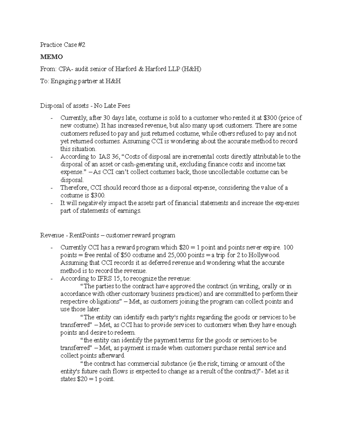 PC2 - Practice - Practice Case # MEMO From: CPA- audit senior of ...