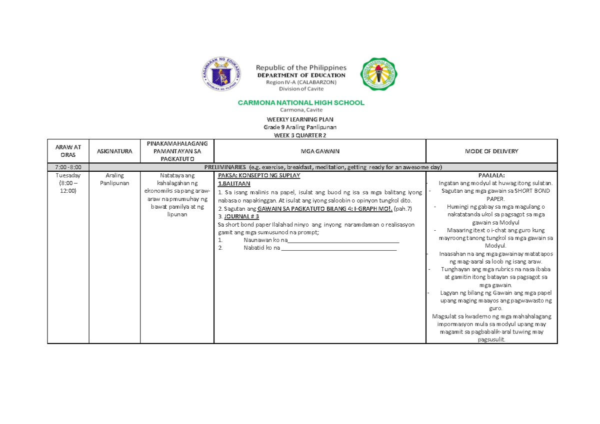 AP- Weekly- Learners-PLAN-WEEK-3 Q2 - WEEKLY LEARNING PLAN Grade 9 ...