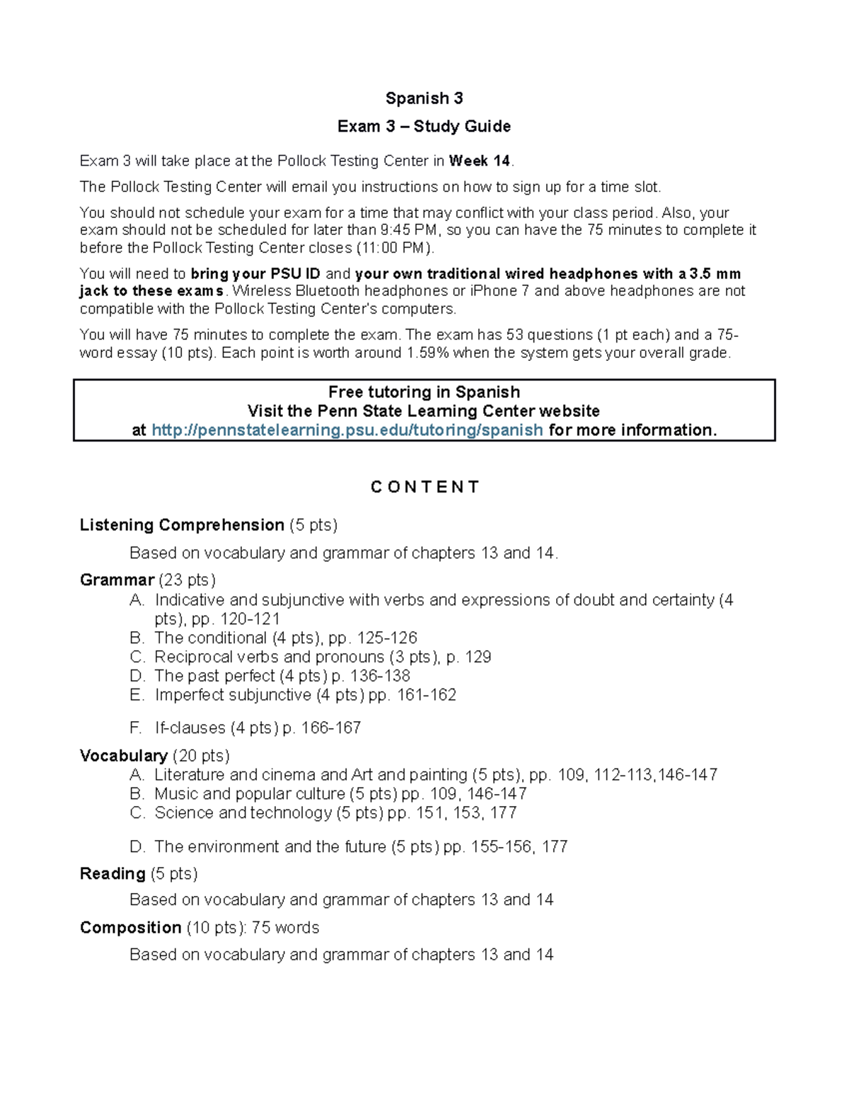 SPAN 3 SP22 Study Guide Exam 3 Without Answers Final - Spanish 3 Exam 3 ...