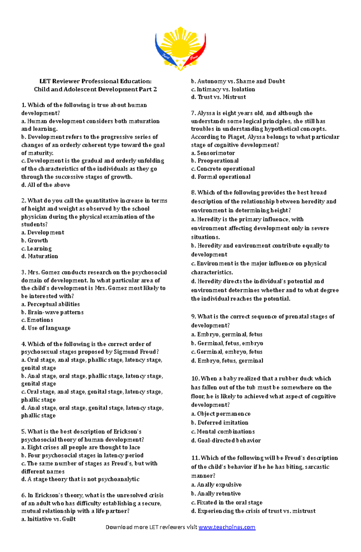 Child AND Adolescent Development PART 2 (www.teachpinas - LET Reviewer ...