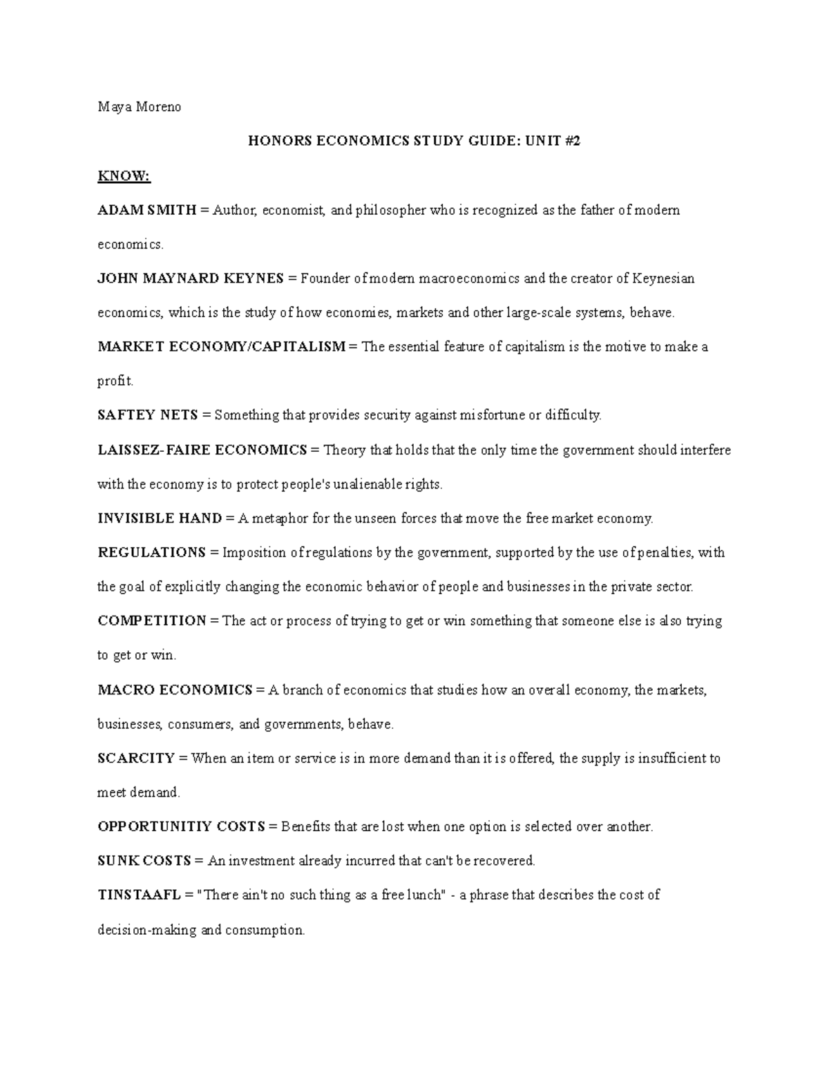 Honors Economics Study Guide UNIT #2-2 - Maya Moreno HONORS ECONOMICS ...