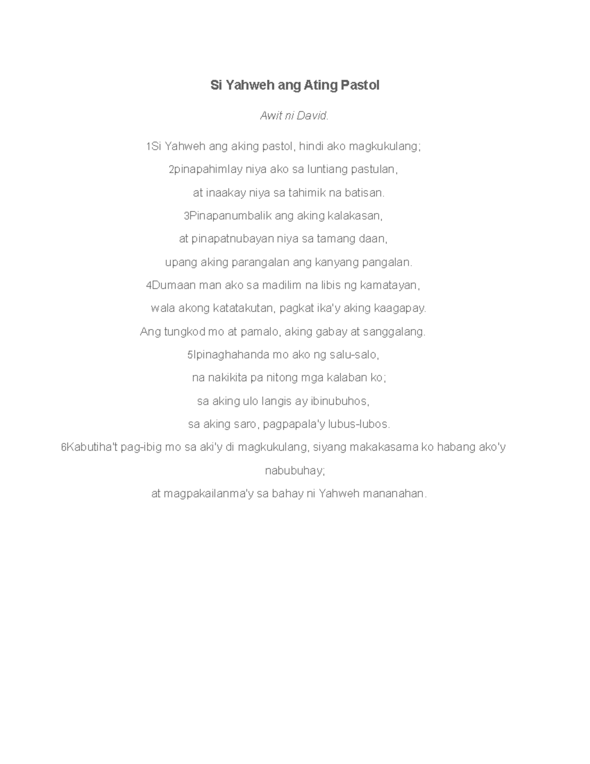 Awit 23 - Prayer - Si Yahweh ang Ating Pastol Awit ni David. 1 Si ...