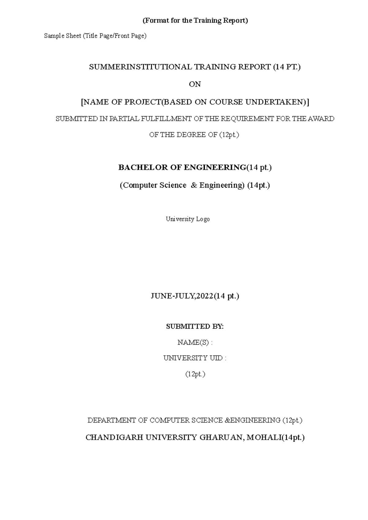 Format of Training Report - (Format for the Training Report) Sample ...