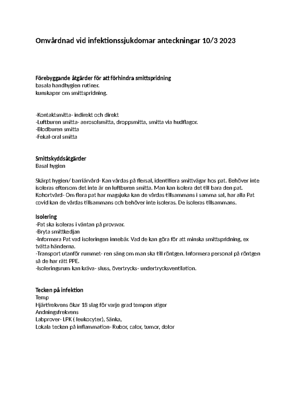 Infektionssjukdomar anteckningar - kunskaper om smittspridning ...
