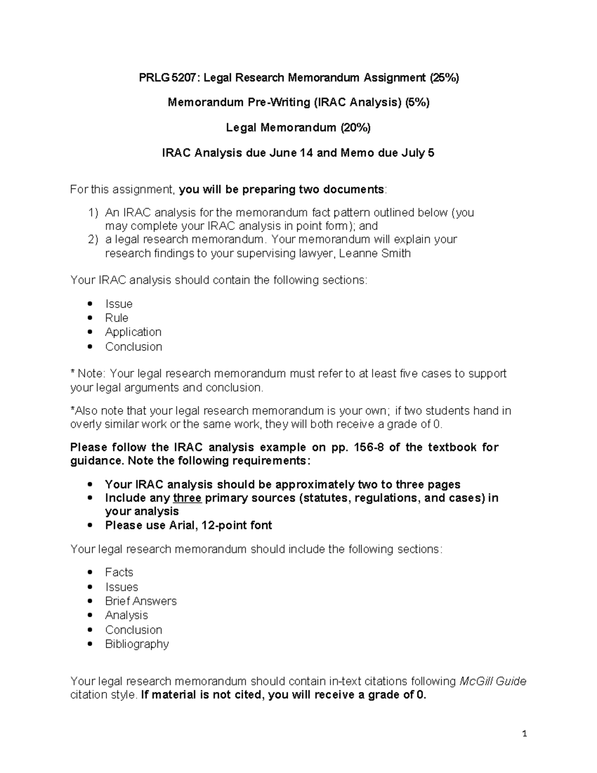 PRLG 5207 IRAC and Memo Assignment Summer 2024 - PRLG 5207: Legal ...