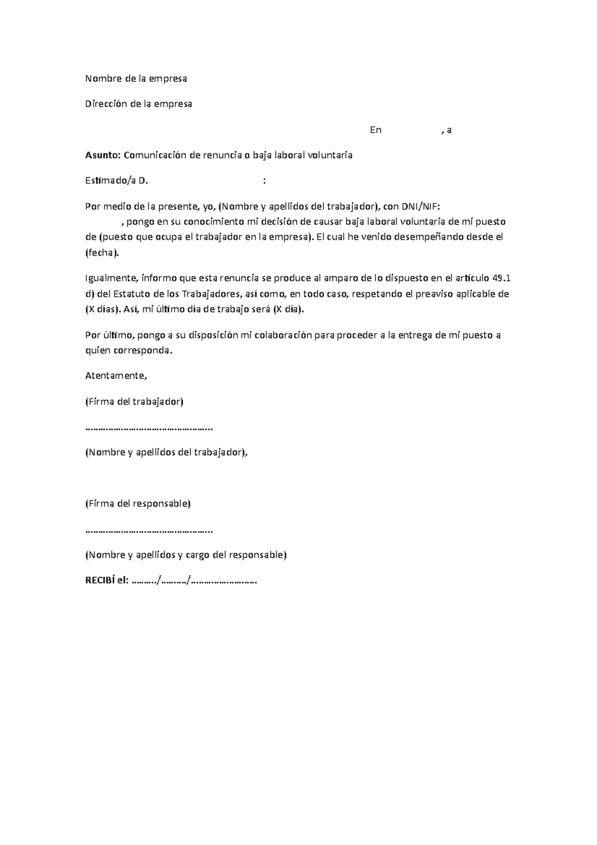 Modelo Carta Renuncia Voluntaria Preaviso - Nombre de la empresa ...