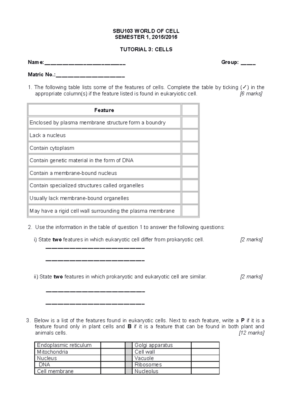 Tutorial 3- Cells (Question) - SBU103 WORLD OF CELL SEMESTER 1, 2015 ...