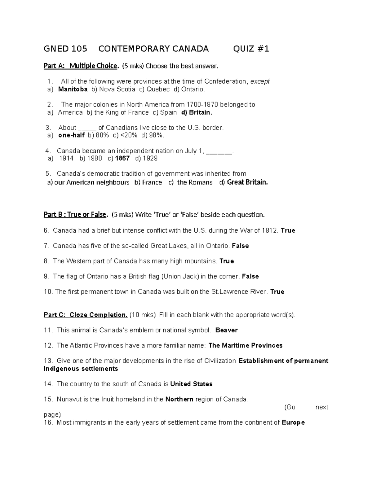 GNED 105 online QUIZ 1 - Quiz - GNED 105 CONTEMPORARY CANADA QUIZ Part ...