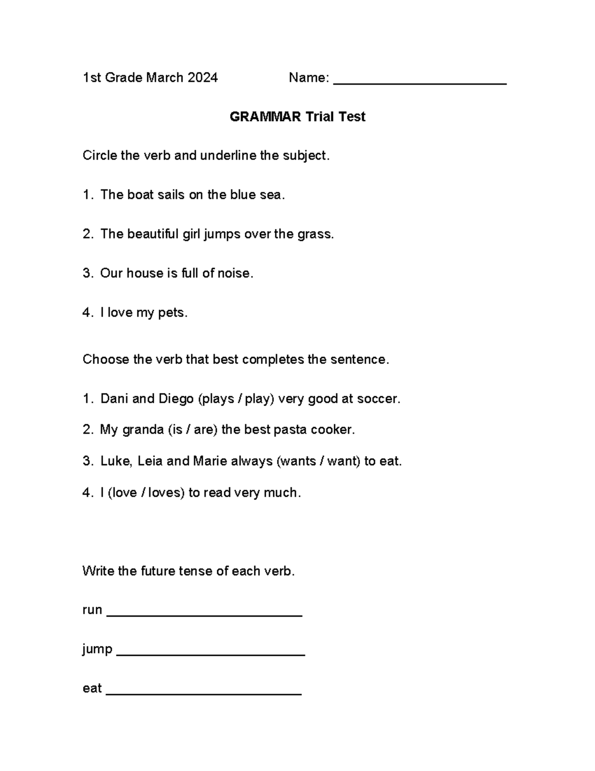 Grammar Trial Test 1st Grade March 2024 - 1st Grade March 2024 Name