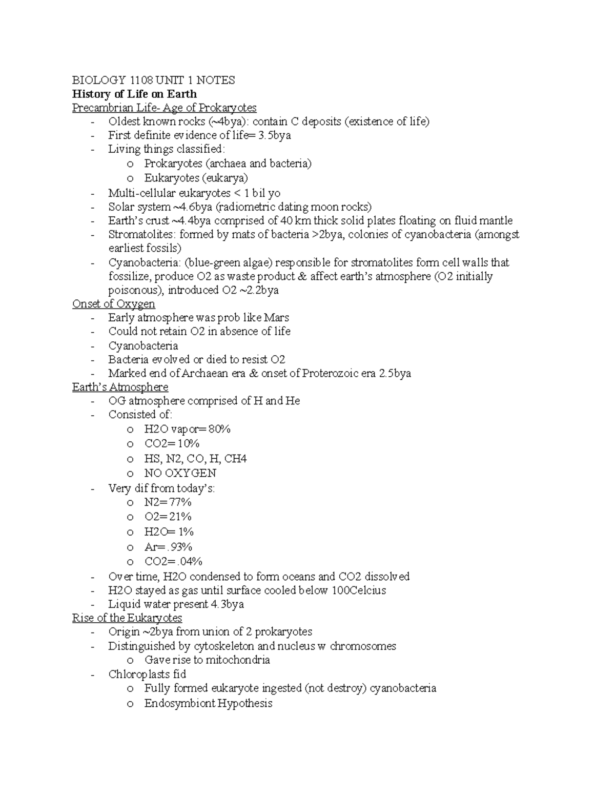 BIO 1108 UNIT 1 Notes - BIOLOGY 1108 UNIT 1 NOTES History of Life on ...